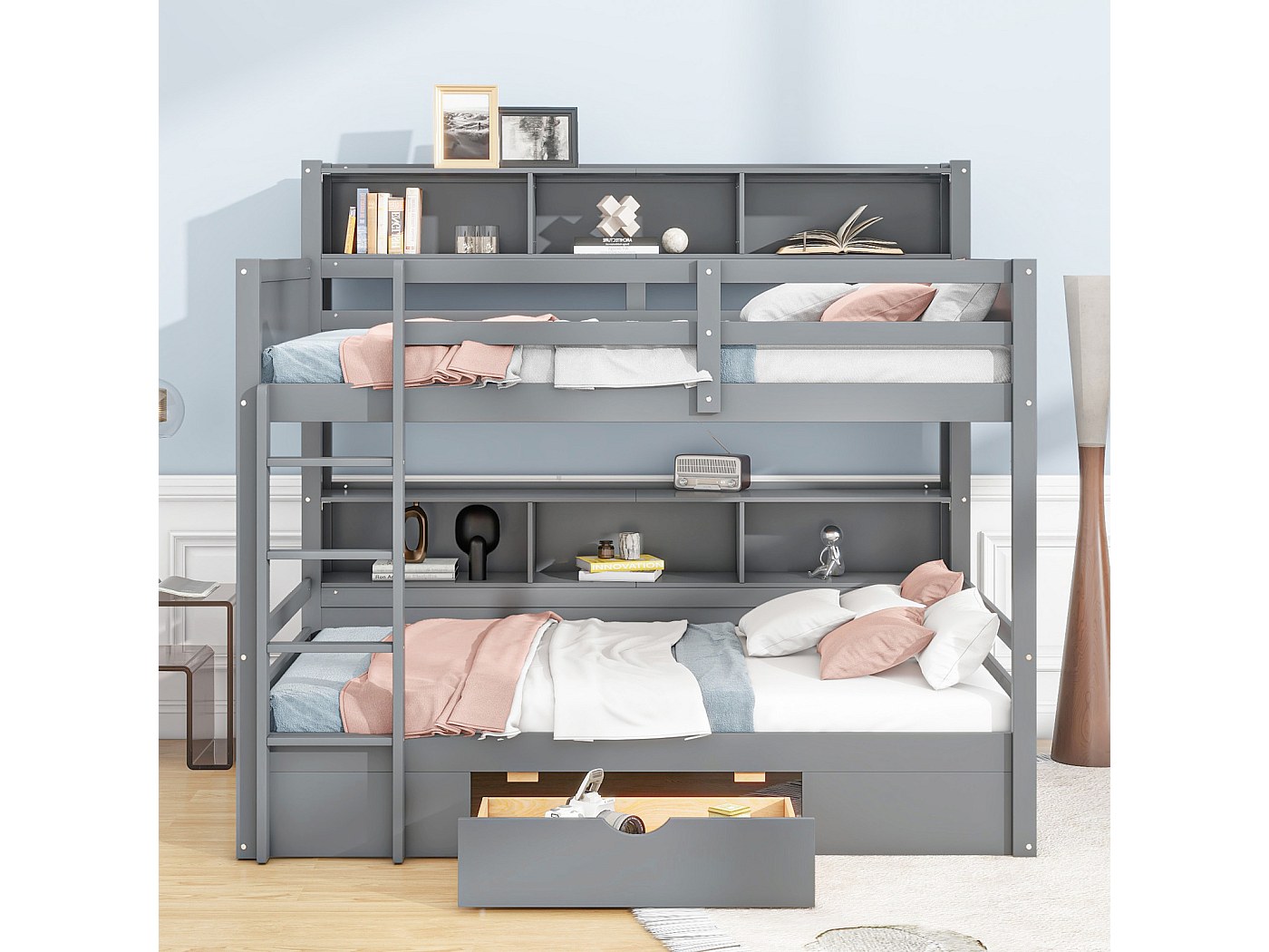 Lit superposé 90x200cm Lits d'enfant Avec tiroirs rangements Gris