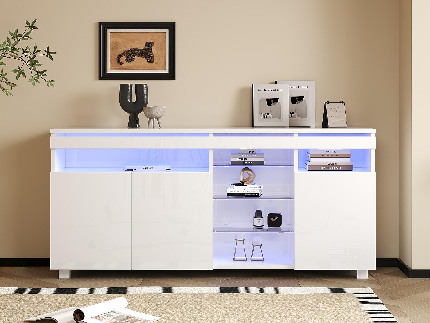 Modern dressoir met LED - 3 deuren en 5 open vakken - Wit