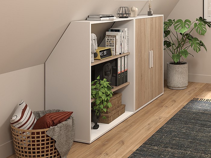 Mobile per mansarda 2 ante e 2 scaffali Bianco e Naturale ADEZIO