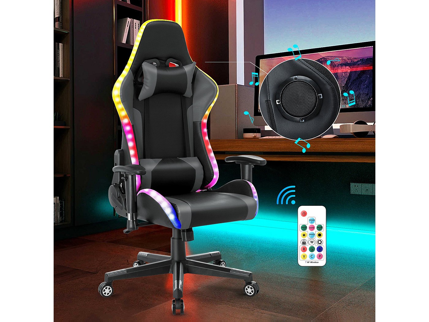 Silla gaming con luces LED RGB y altavoces, estilo racing, para oficina ...
