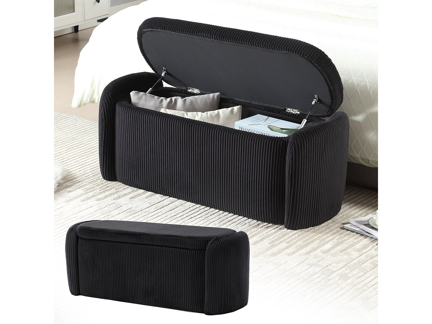 Tabouret de rangement en velours rayé, confortable et polyvalent, idéal ...