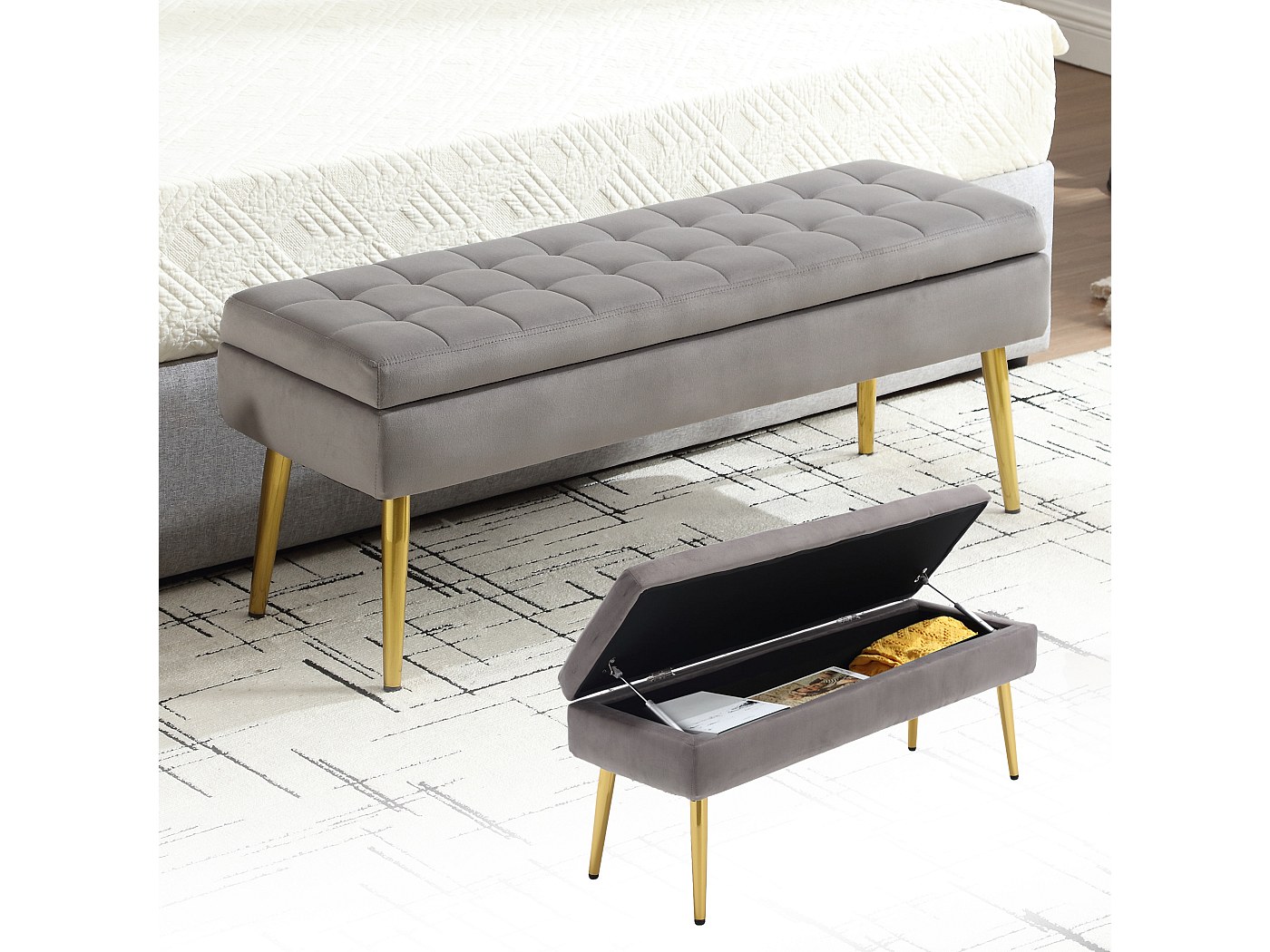 Banc de rangement, 111x35x44.5cm, pieds en métal doré pour salon, à l ...