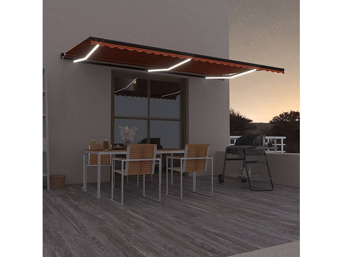 Toldo retráctil manual con luz LED naranja y marrón 600x350 cm
