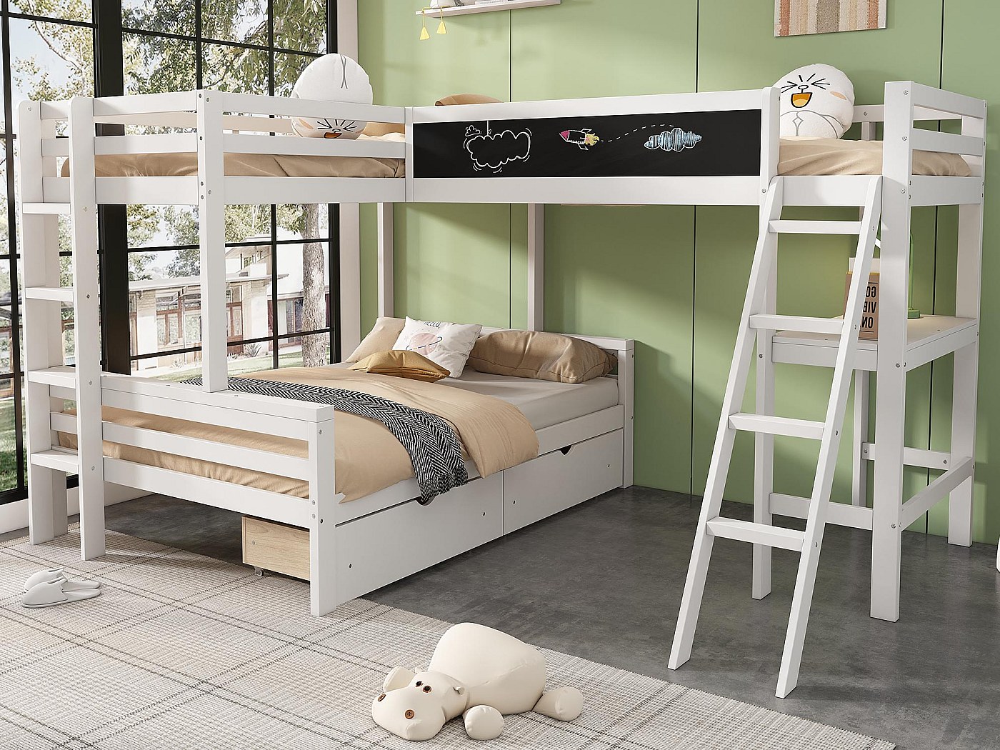 Stapelbed 2x90x200cm + 140x200cm in hout - met bureau en 2 lades - Wit