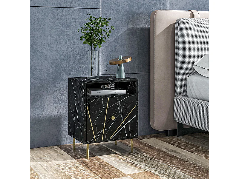 Chevet table de nuit design - tiroir, niche - doré aspect marbre noir