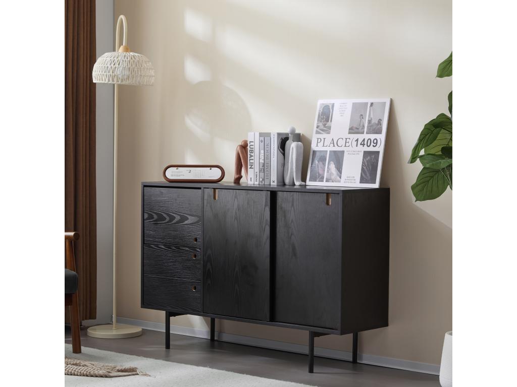 Modernes Sideboard mit 2 Schubladen und 3 Turen 120 x 35 x 78 cm Spanplatte und Metall Schwarz