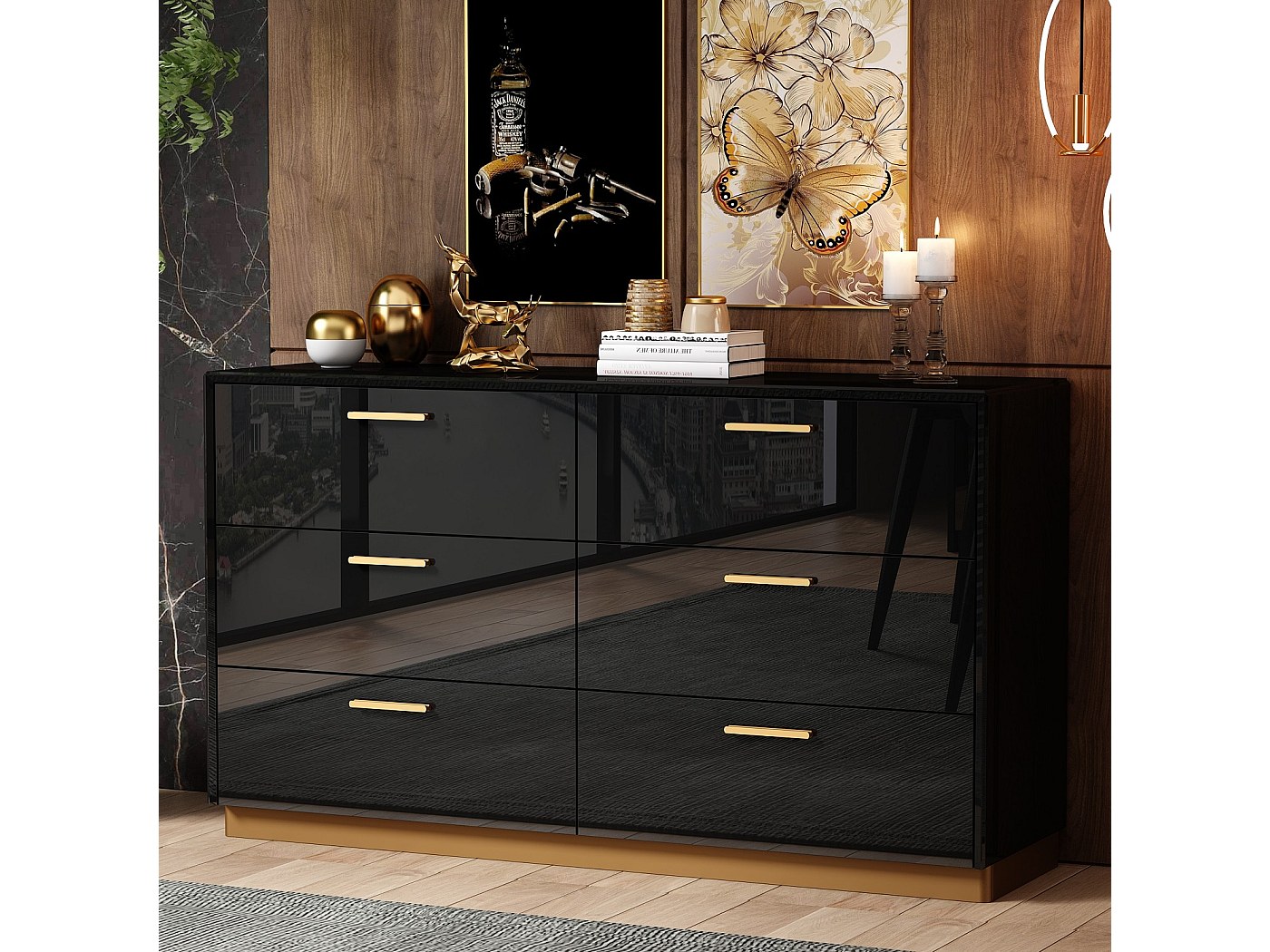 Commode Noir brillante avec 6 tiroirs Poignées en métal Commode moderne ...