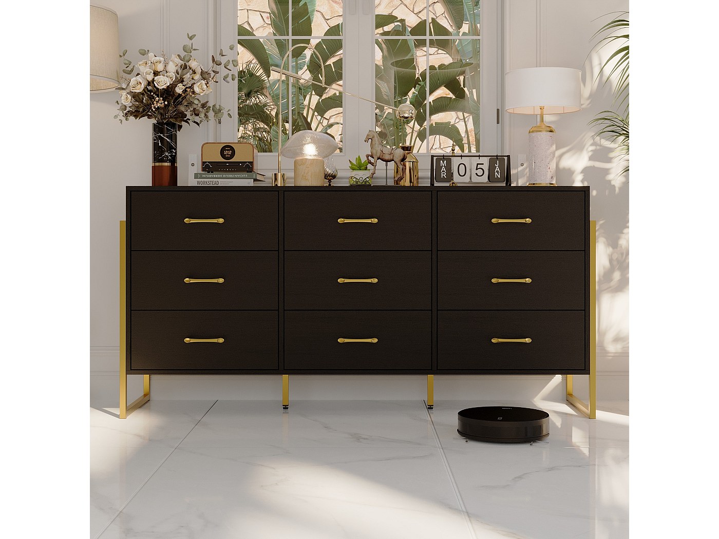 Commode chambre moderne avec 9 Tiroirs Salon Chambre 156x40x76cm Noir