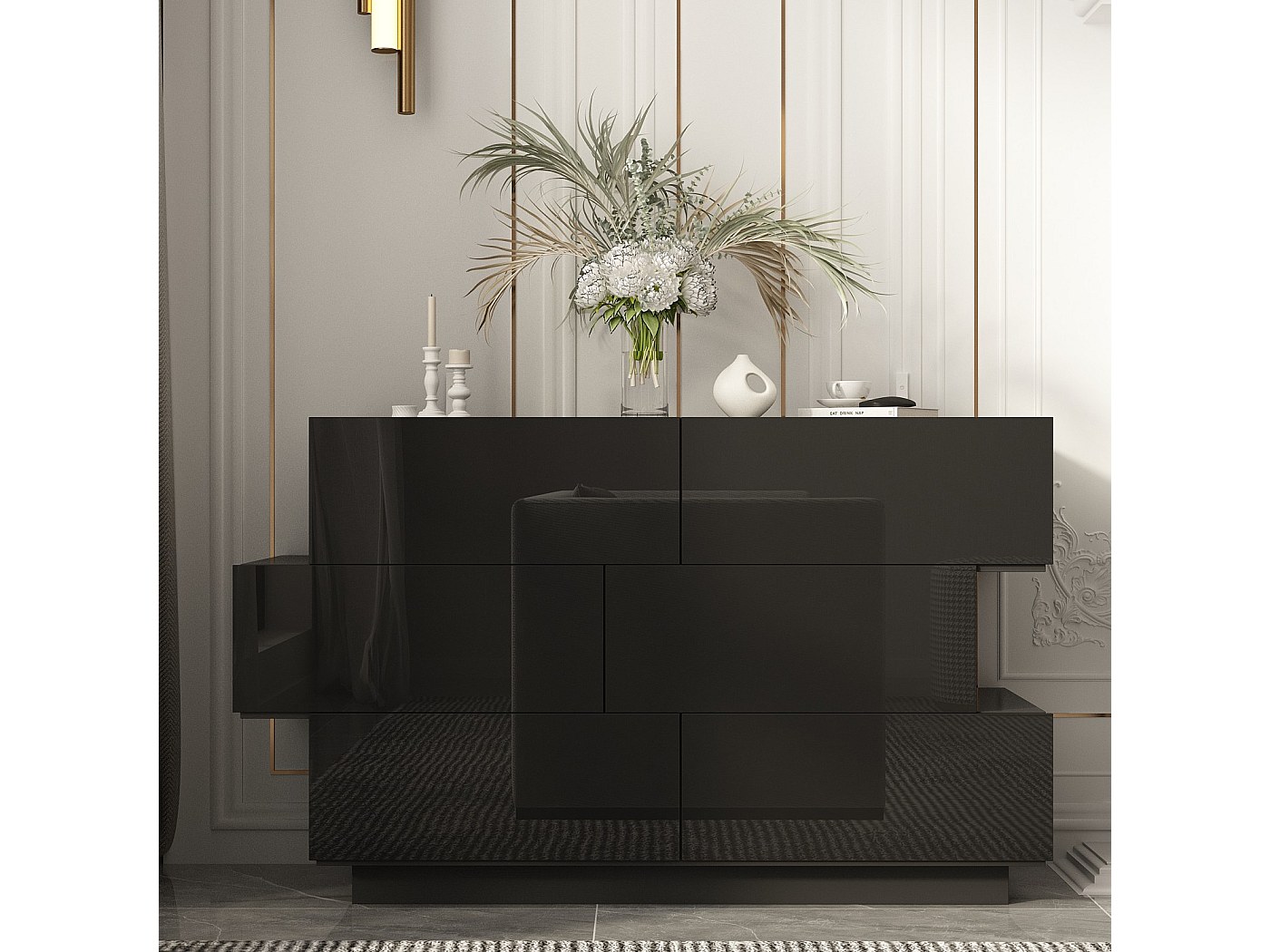 Commode Noir brillante avec 6 tiroirs Contemporain Meuble chambre ...