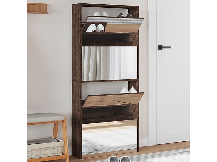 Zapatero con espejo 4 niveles roble marrón 63x17x134 cm