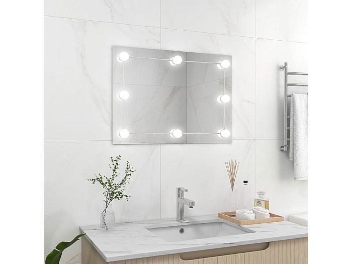 Espejo de pared sin marco con luces LED rectangular de vidrio