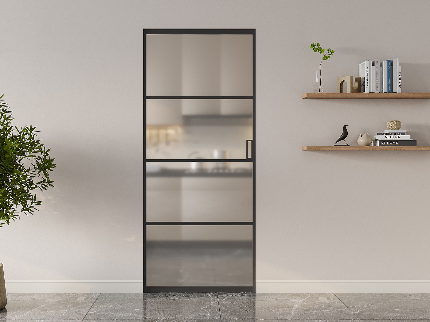 Schuifdeur met klamplaagsysteem - aluminium en gehard matglas - H205 x ...