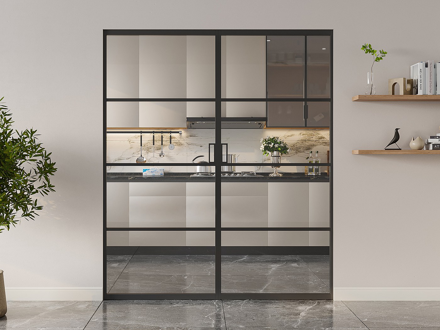 Dubbele schuifdeur met klamplaagsysteem in transparant glas, 2 x H205 x ...