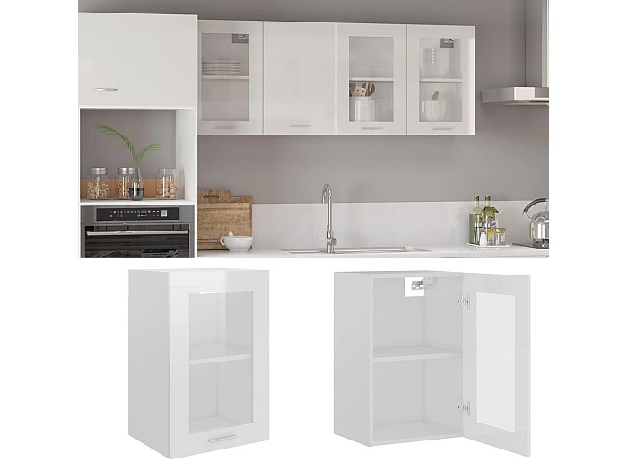 Armário de vidro suspenso em madeira projetada em branco brilhante