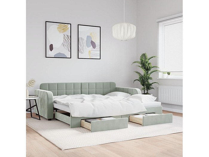 Sofá-cama com gavetão e gavetas 90x200 cm veludo cinzento-claro