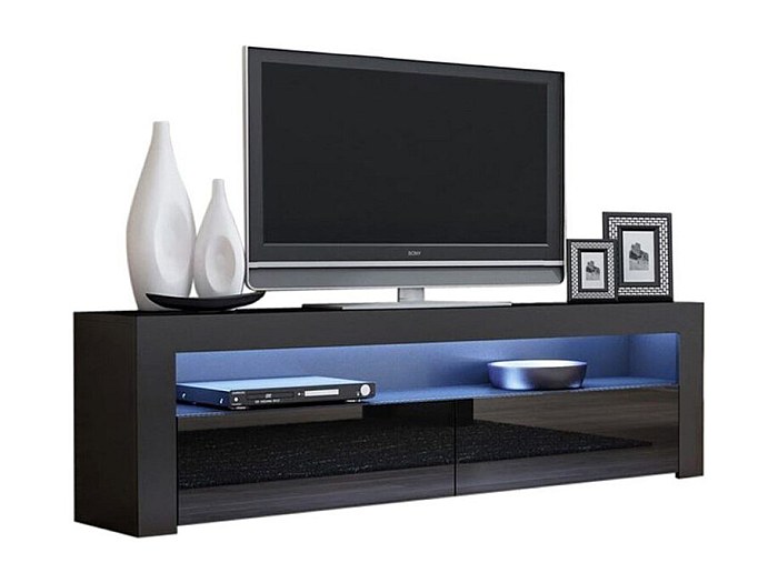 Meuble TV Savelli LED Noir MAT et portes Noir laqué 157 cm