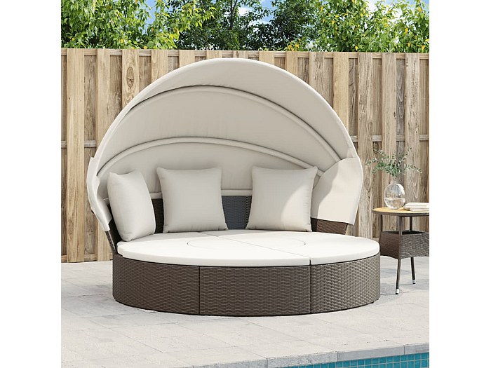 Daybed da esterno con baldacchino e cuscini in resina intrecciata