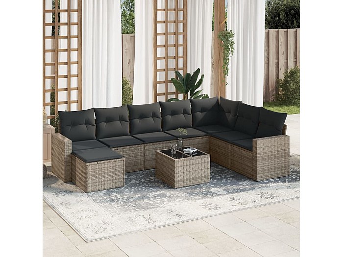 Set de muebles de jardín 9 pzas y cojines ratán sintético gris