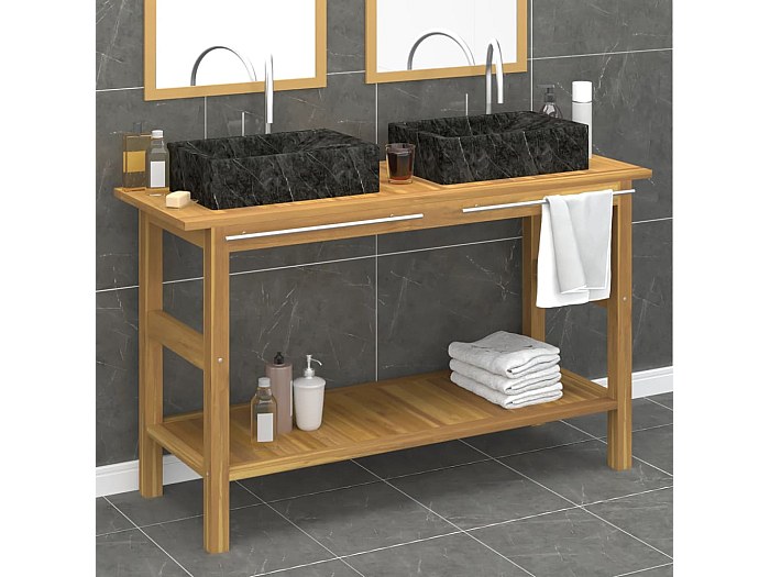 Armoire de salle de bain et lavabos en marbre noir Teck massif