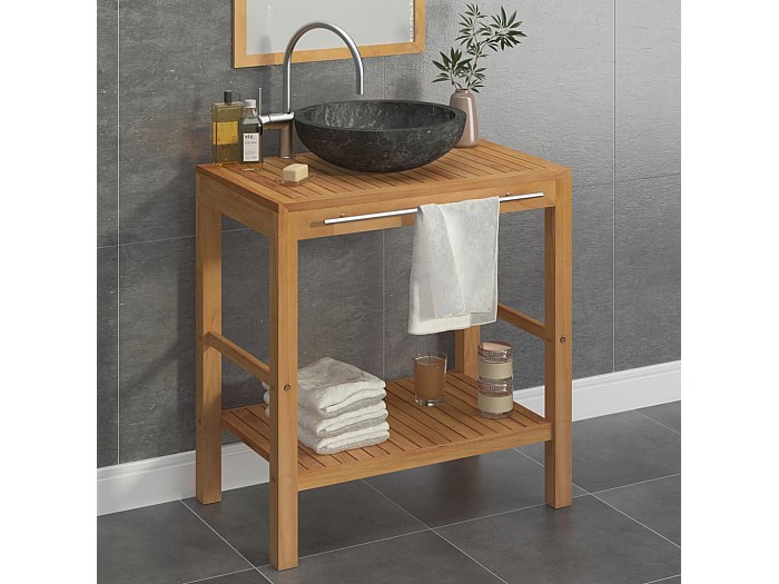 Armoire de toilette en teck solide avec lavabo en marbre Noir