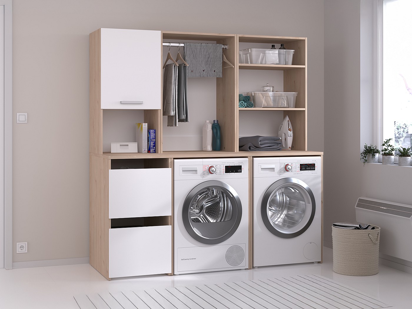 Meuble pour 2 machines à laver - Naturel clair et blanc - L176 x 184 x ...