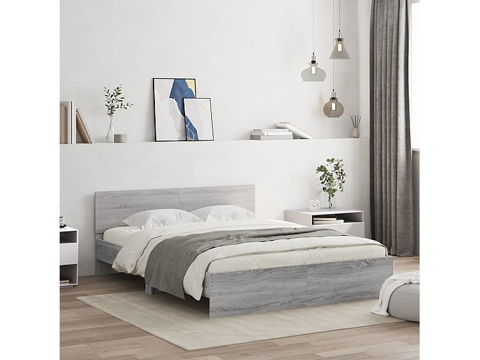 Estructura de cama cabecero y luces LED gris Sonoma 160x200 cm