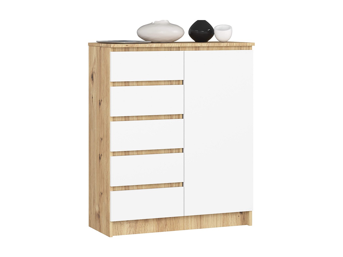 Commode AKORD K80 Chêne Artisan 80 cm 1 porte 5 tiroirs façade Blanche ...
