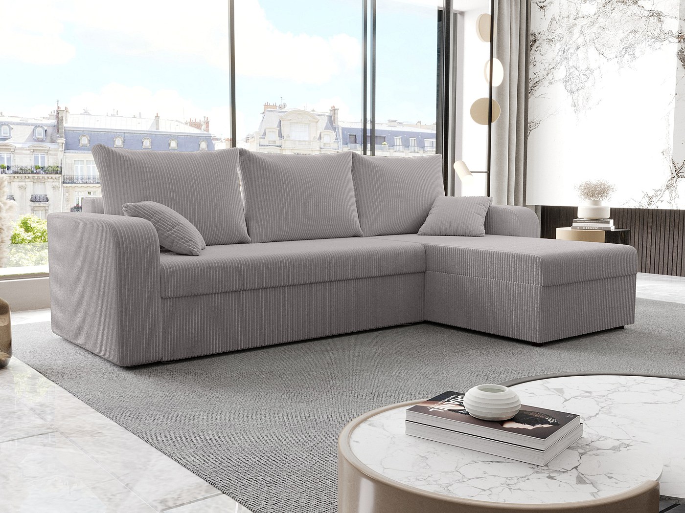 Canapé d'angle convertible et réversible en velours côtelé gris clair ...