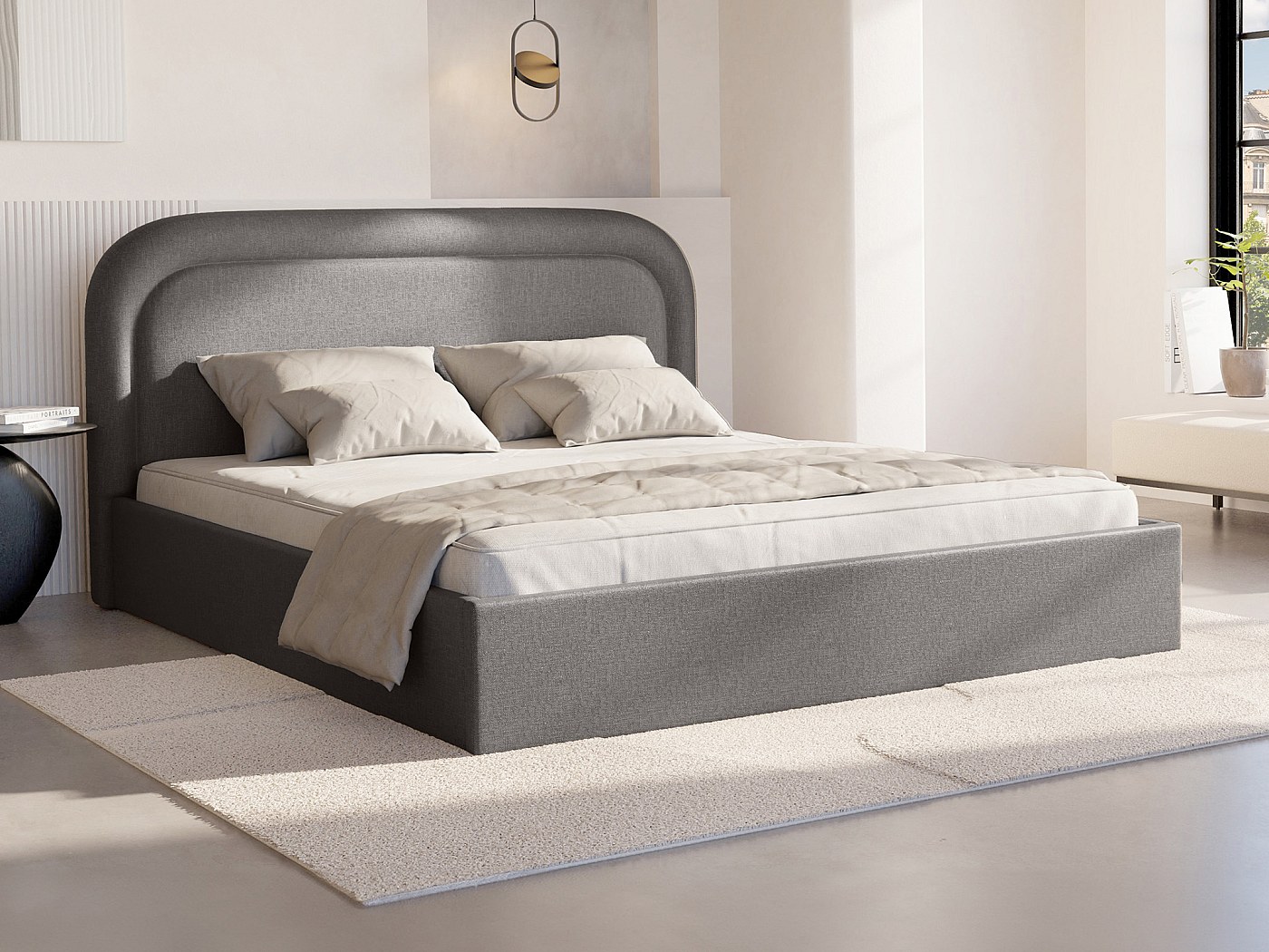 Lit coffre 140 x 190 cm en tissu chiné gris anthracite - FIREZA II