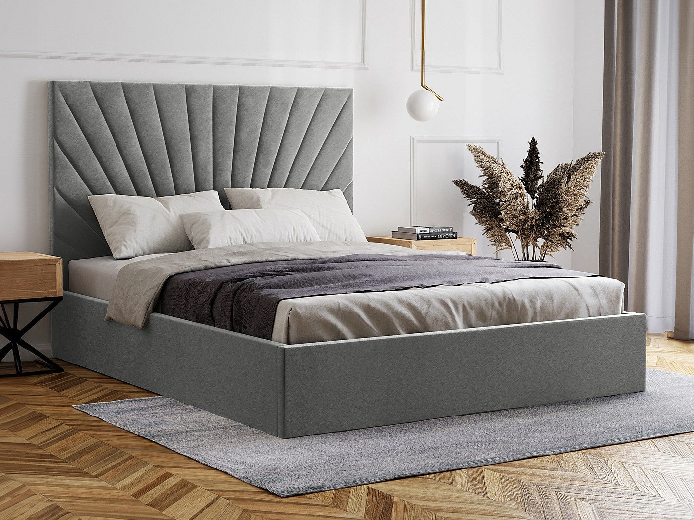 Łóżko ze skrzynią 140 x 190 cm z jasnoszarego weluru - RILIODA ...