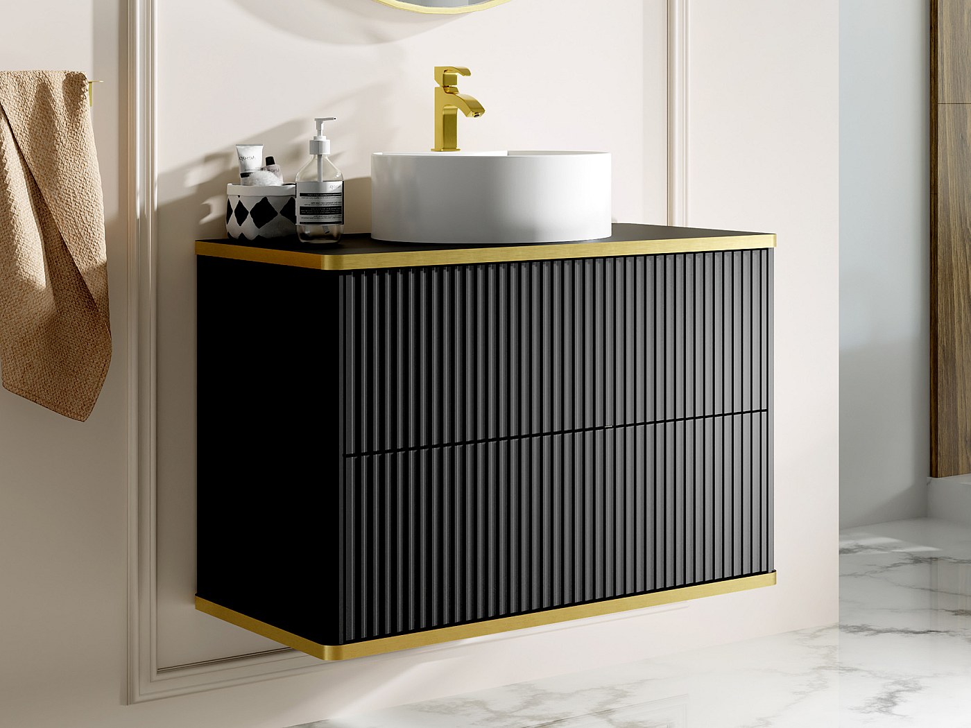 Hangmeubel voor badkamer met ribbels en goudkleurige rand met ...