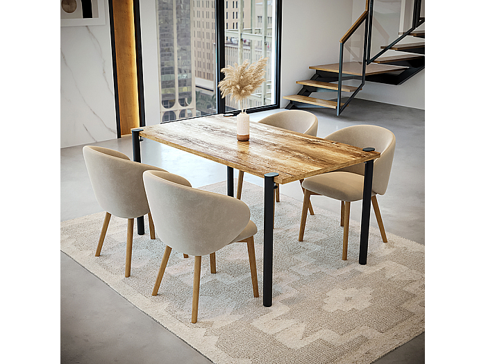 Table à manger rectangle DECO-GEM, 6 pers. Décor chêne vieilli. 4 pieds Topaze acier marron L ...