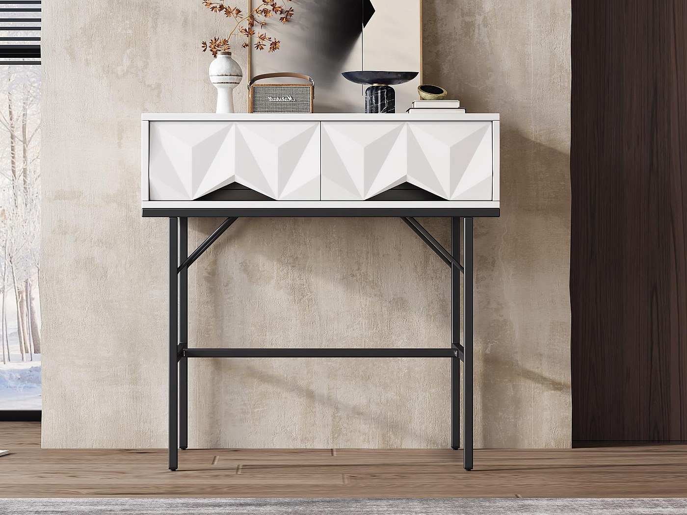 Moderne consoletafel, hol ontwerp met 2 laden, wit en zwart