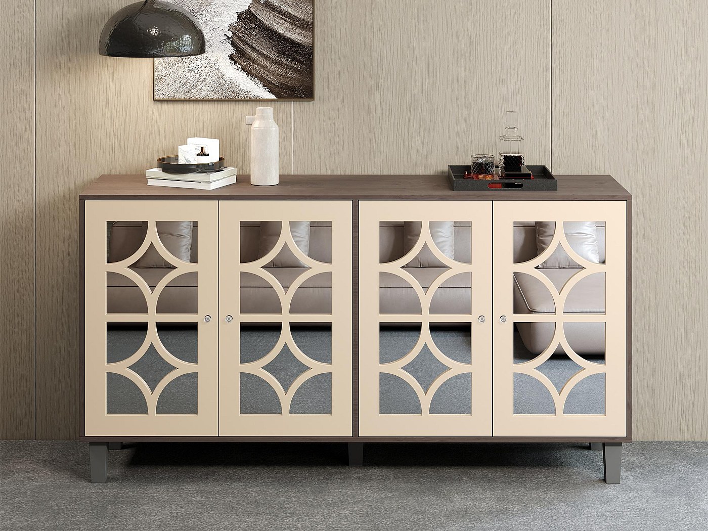 Buffet avec 4 portes vitrées - avec étagères réglables - Naturel