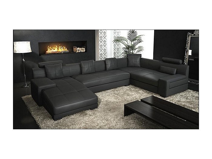 Canapé d'angle en cuir italien 8 places, VENESIA, noir, angle droit