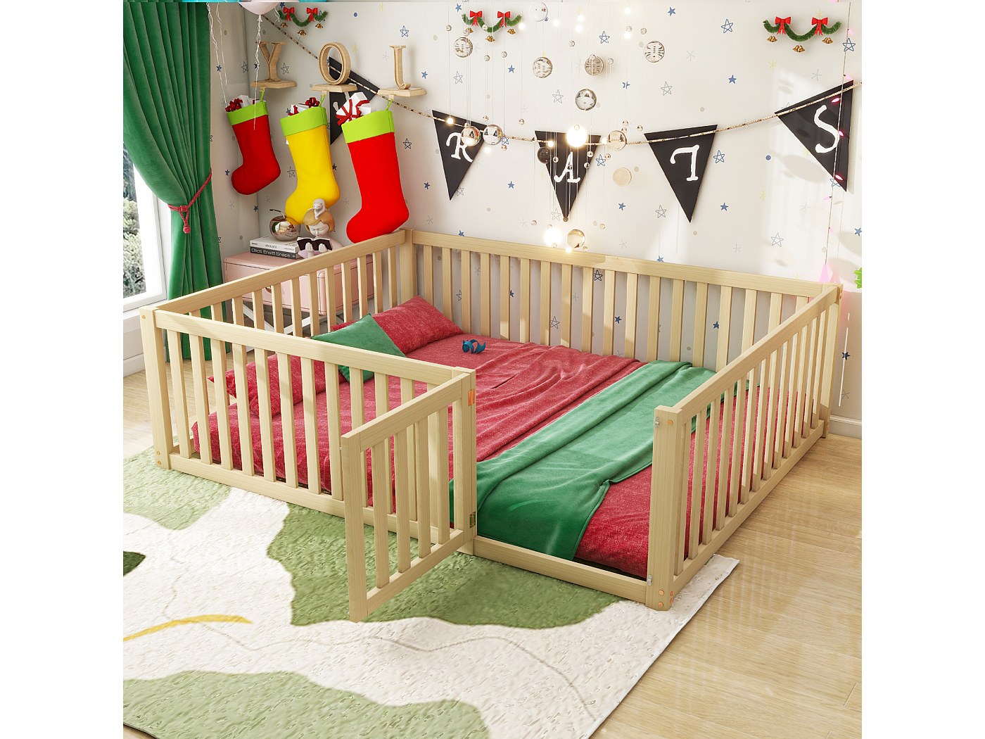 Kinderbed 140 x 200 cm, houten vloer bedframe met hek en deur, naturel ...