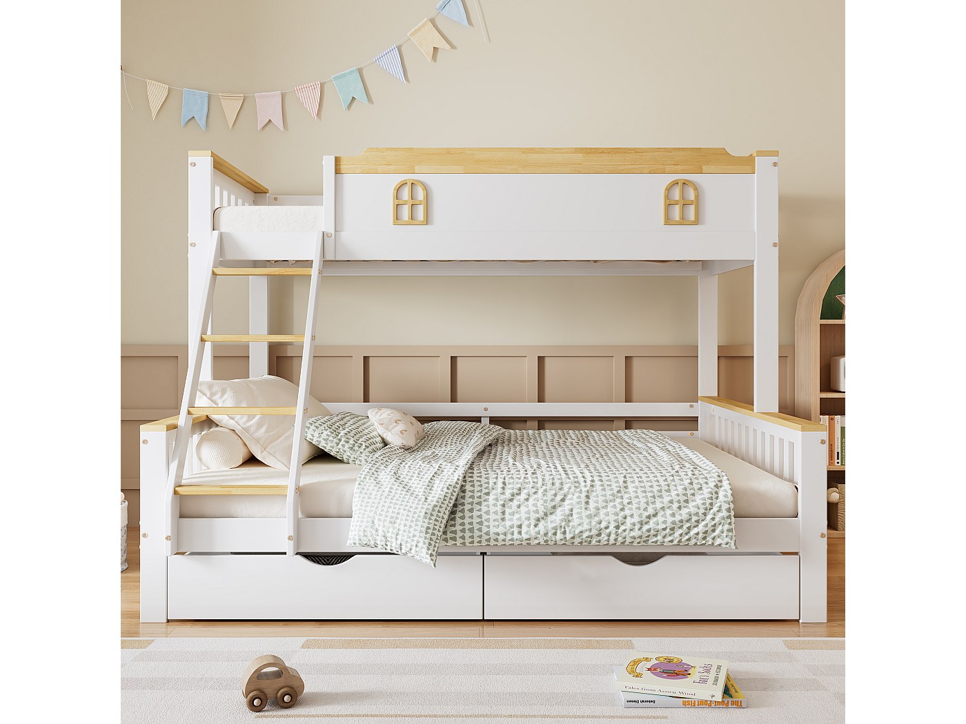 Literas 140 x 200 cm + 90 x 200 cm con 2 cajones y barreras - Madera de pino + MDF - Blanco ...