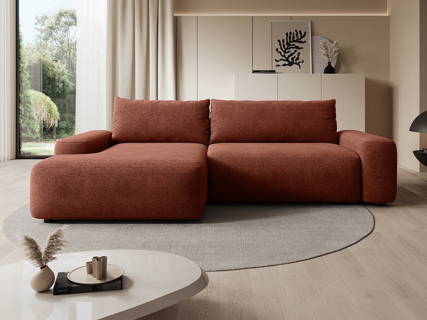 Ecksofa mit Schlaffunktion Ecke links Strukturstoff Terracotta DAVISO ...