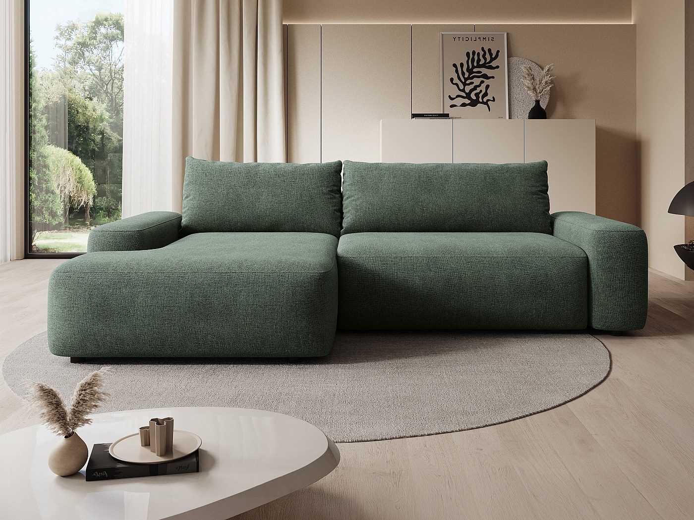 Canapé d'angle gauche convertible en tissu texturé vert DAVISO