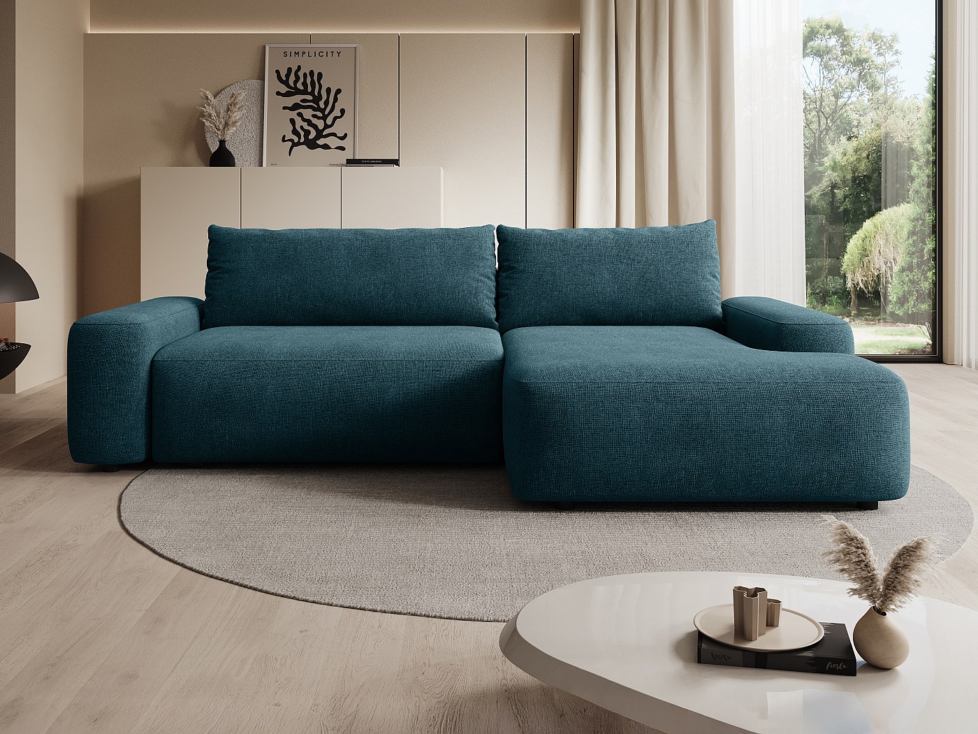 Canapé d'angle droit convertible en tissu texturé bleu DAVISO