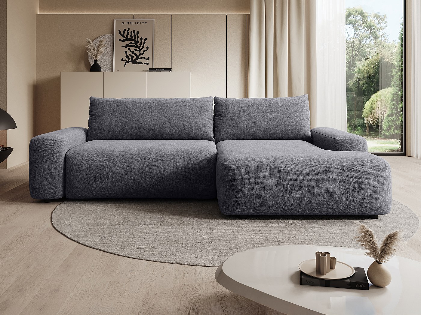 Canapé d'angle droit convertible en tissu texturé gris DAVISO