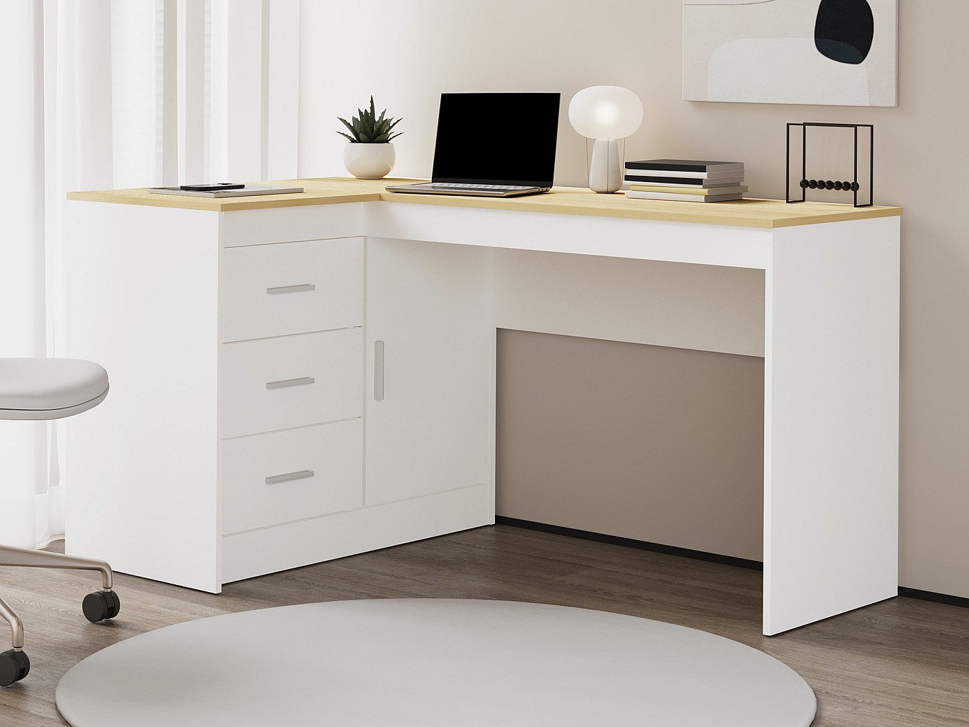 Bureau avec rangement en coloris blanc et naturel - RIDOVA