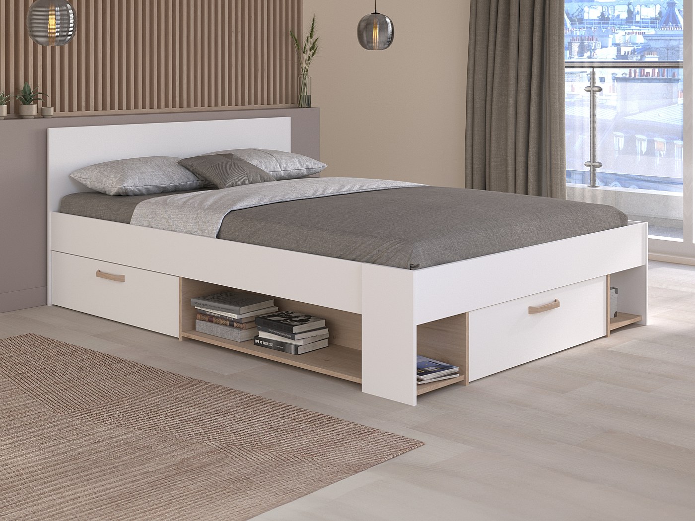 Bett 140 x 190/200 cm mit Stauraum - Weiß & Holzfarben + Bettgestell - KINSELIA online kaufen