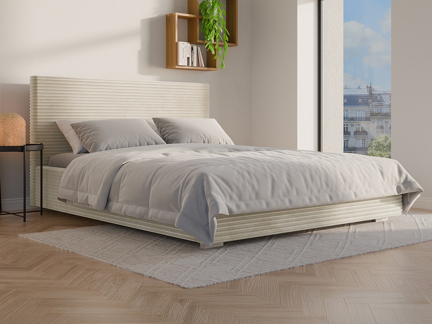 Lit coffre 140 x 190 cm en velours côtelé beige - RAMELI de Pascal Morabito