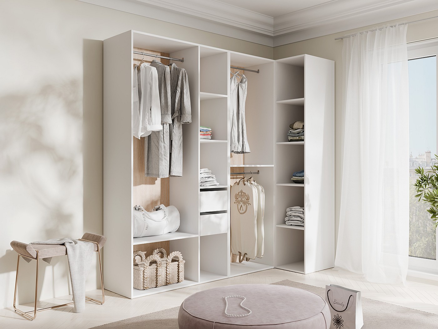 Roupeiro de canto modular C182,5 cm branco e natural - TAMOKA