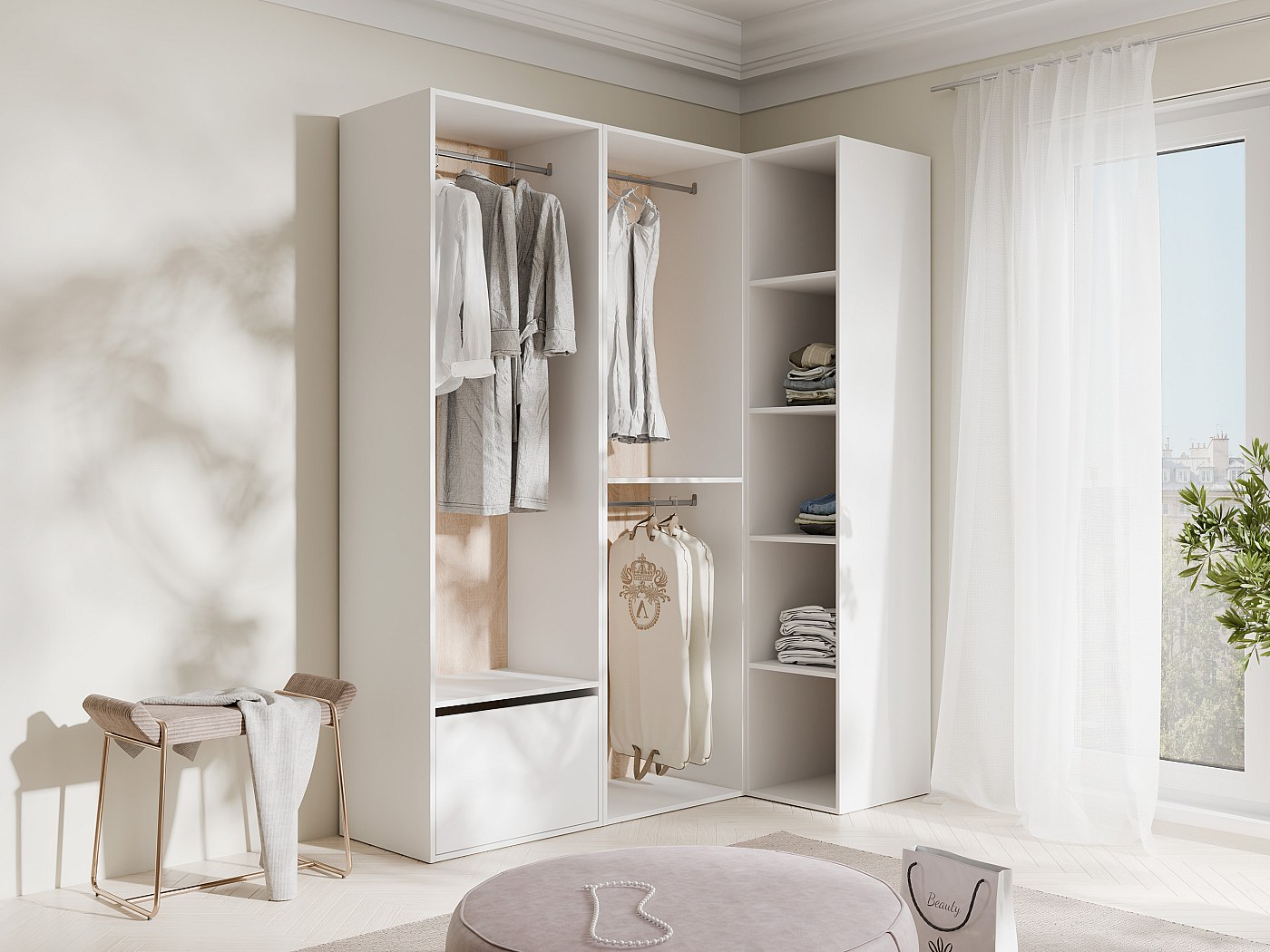 Armario ropero de esquina modular L144,5 cm color blanco y natural - TAMOKA