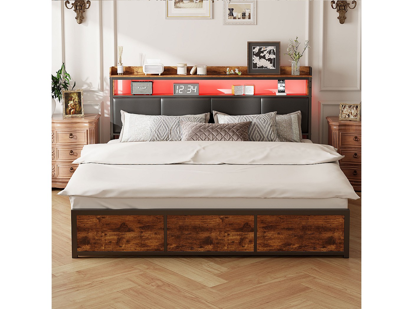 Lit double avec tiroirs 160x200 cm, tête de lit avec espace de ...