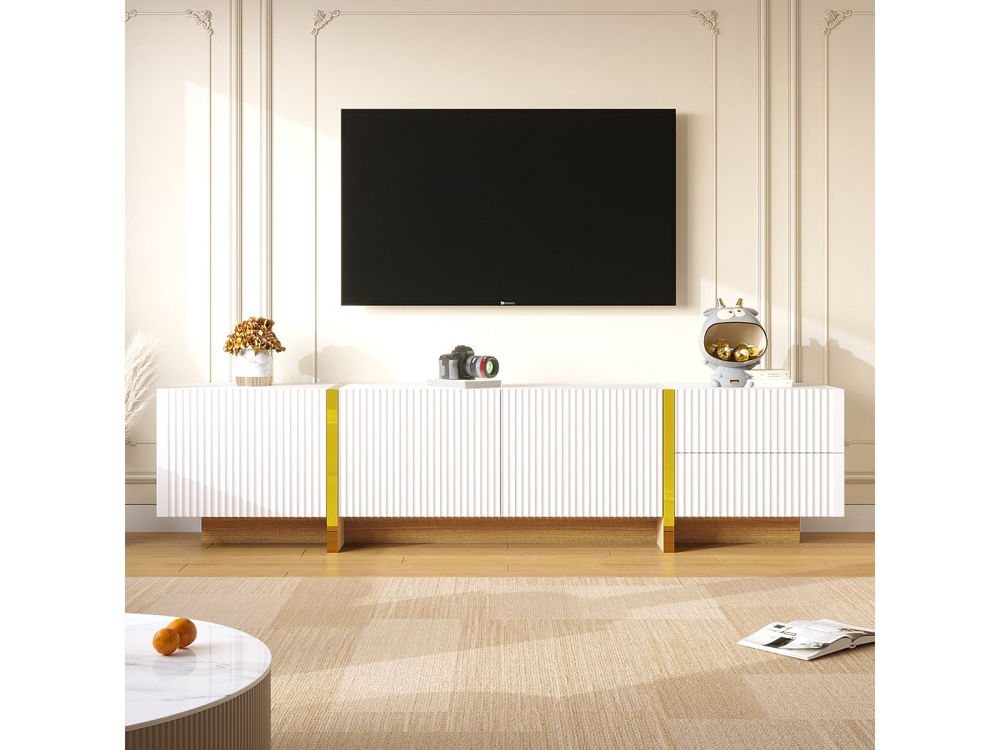 Móvel TV 190x35x45cm - com 3 portas 2 gavetas - grão dourado e madeira ...