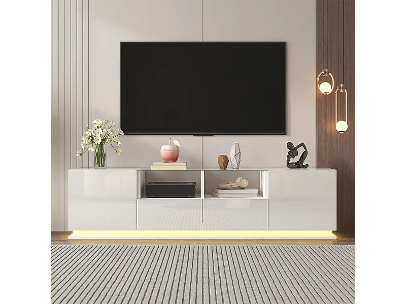 Meuble TV brillant 165x38x43cm, avec étagères en verre, 2 tiroirs et ...