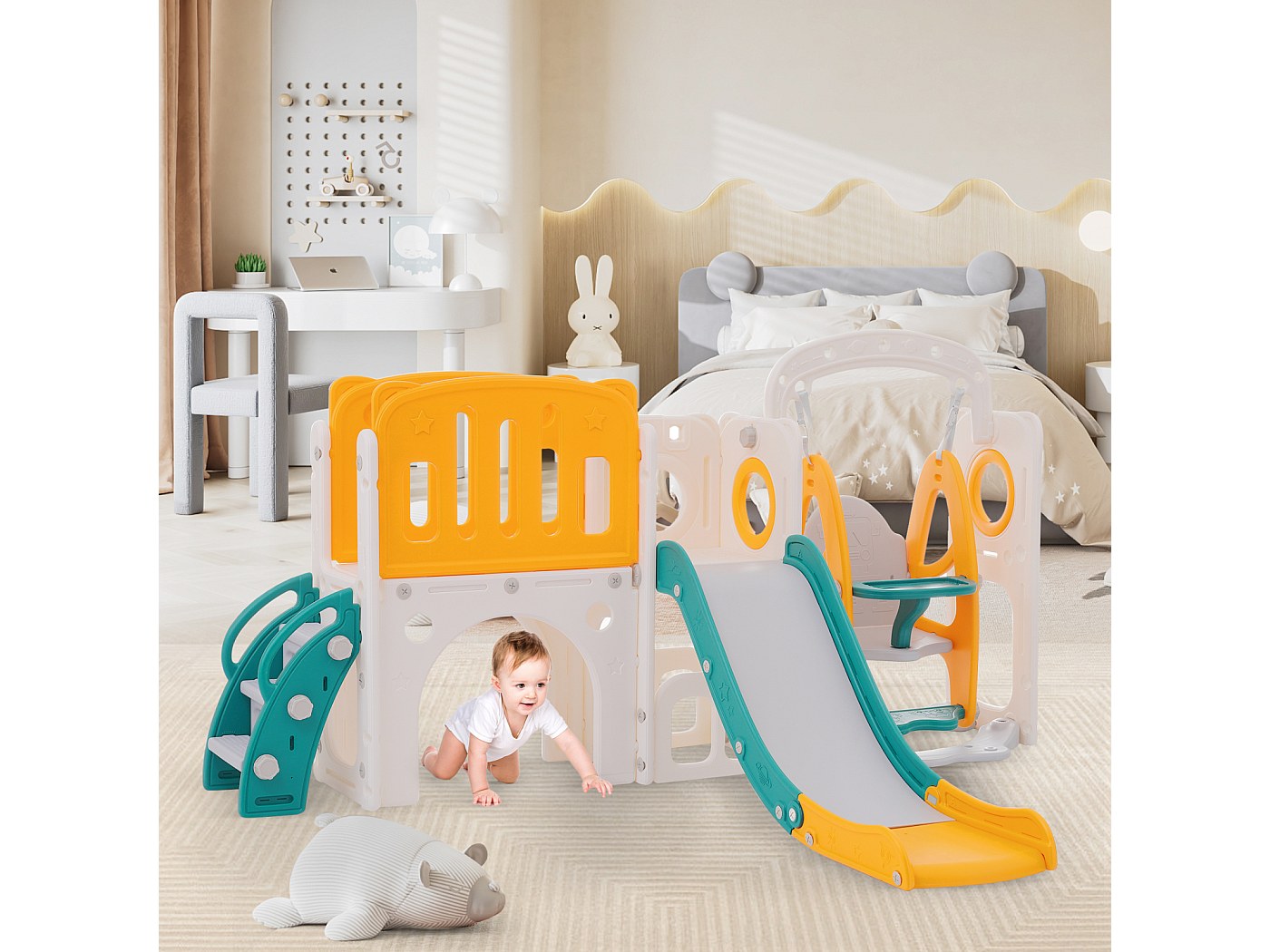 7-in-1-Kinderrutsche, mit Schaukel, Plattform, Stauraum, Torbogen ...